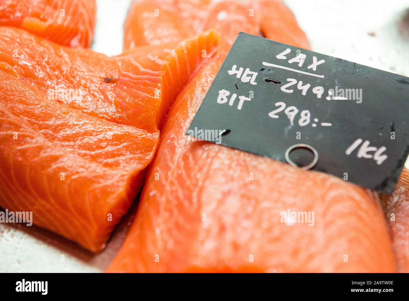 Gothenburg, Sweden. 1st Nov, 2019. Slices of Salmon seen at the fish ...