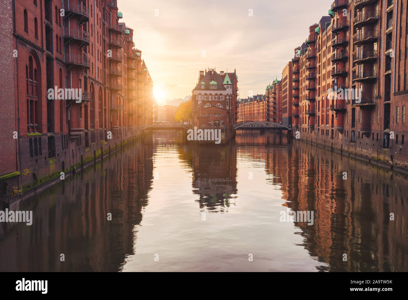 Historical famous warehouse district at sunset golden ray light located ...