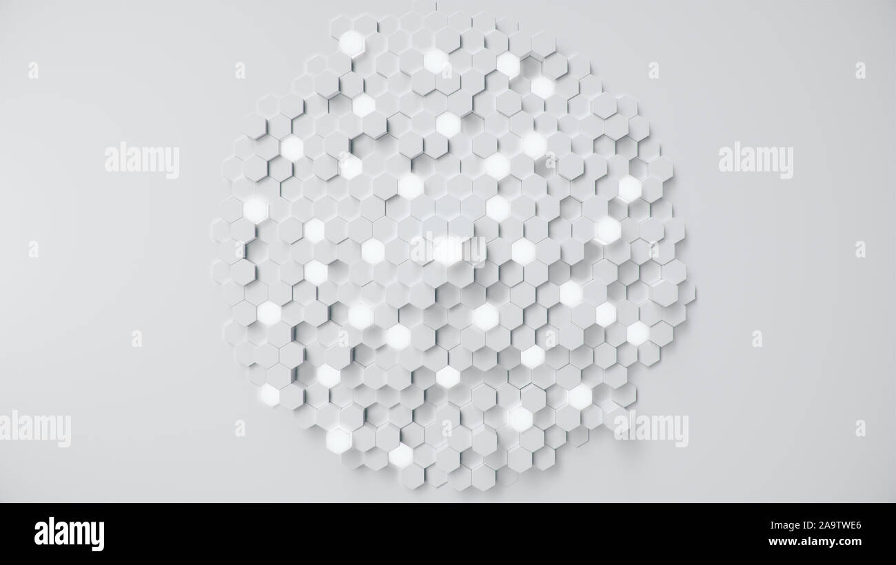 White geometric hexagonal abstract background. Surface hexagon pattern with glowing hexagons ...