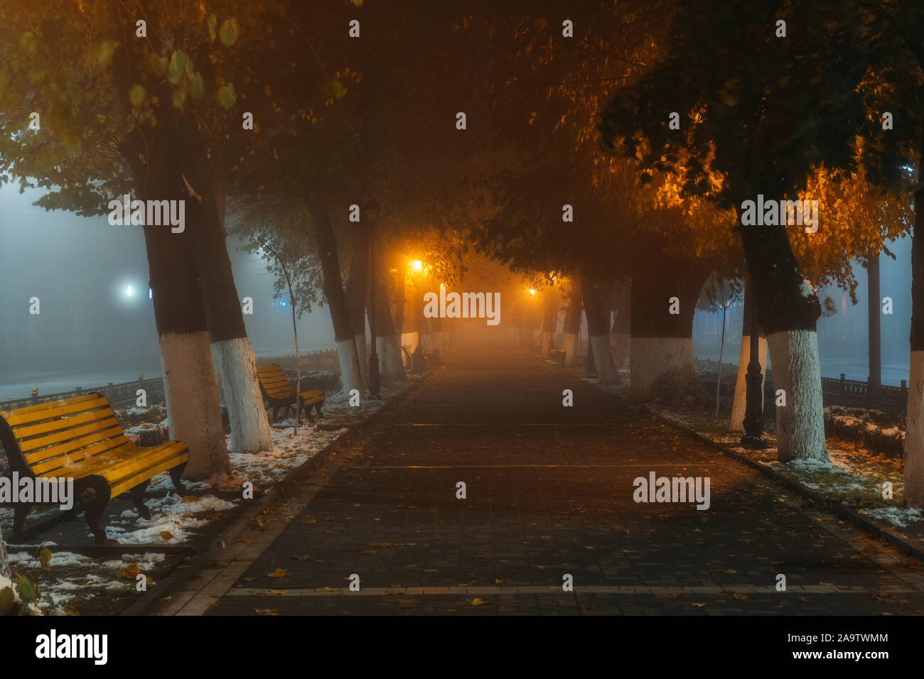 Empty alley at foggy street at night city Stock Photo - Alamy