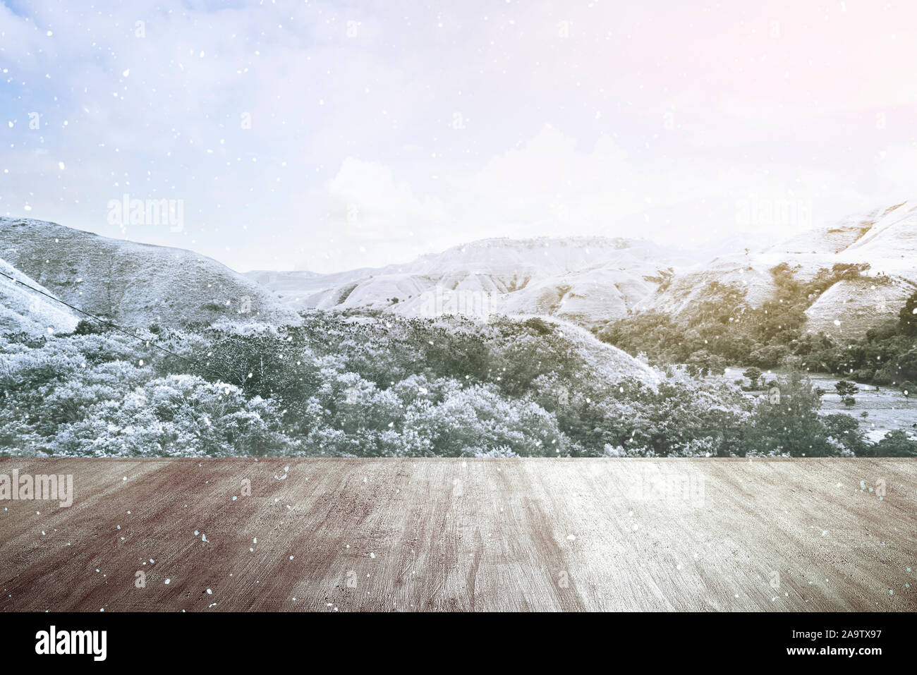 Wooden floor with snowy mountain view and clear sky background Stock ...