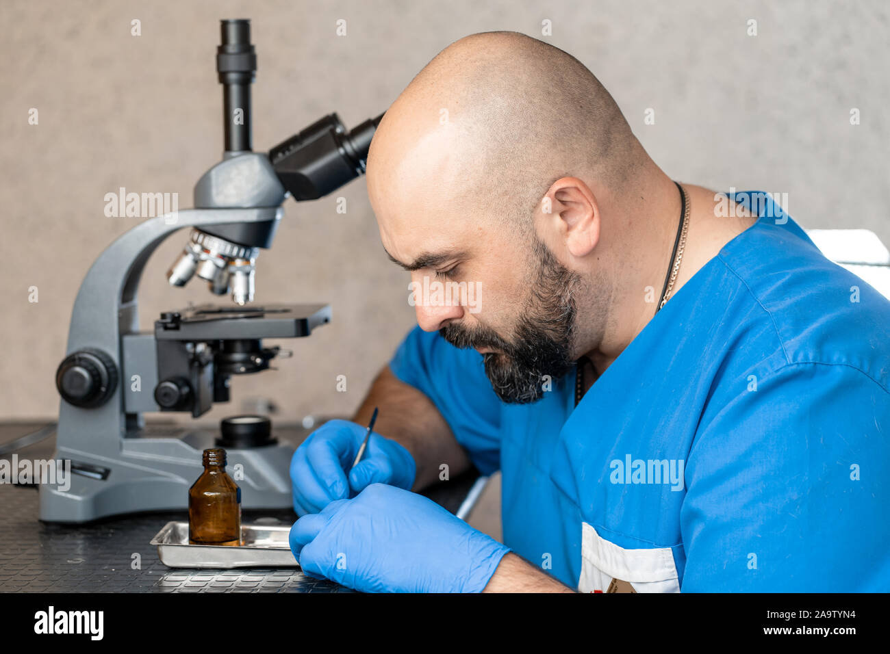 Male laboratory assistant examining biomaterial samples in a microscope ...