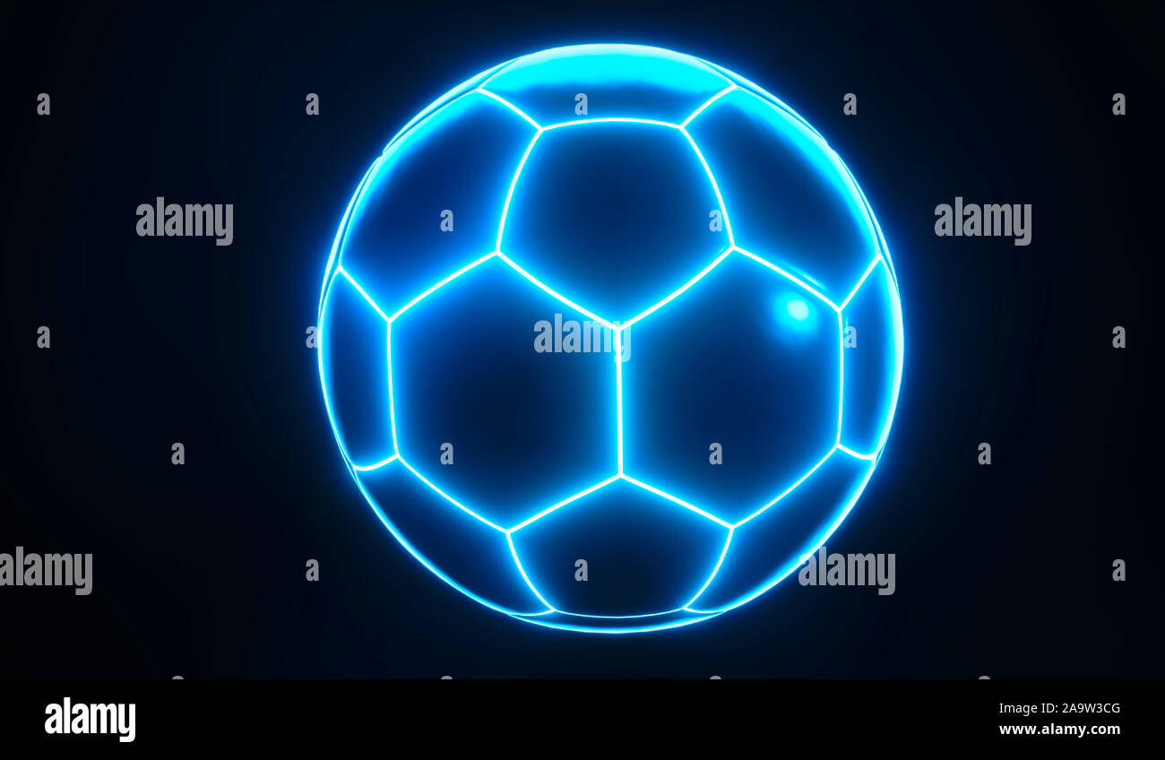 Artistic glowing blue championship soccer ball or football on a dark ...