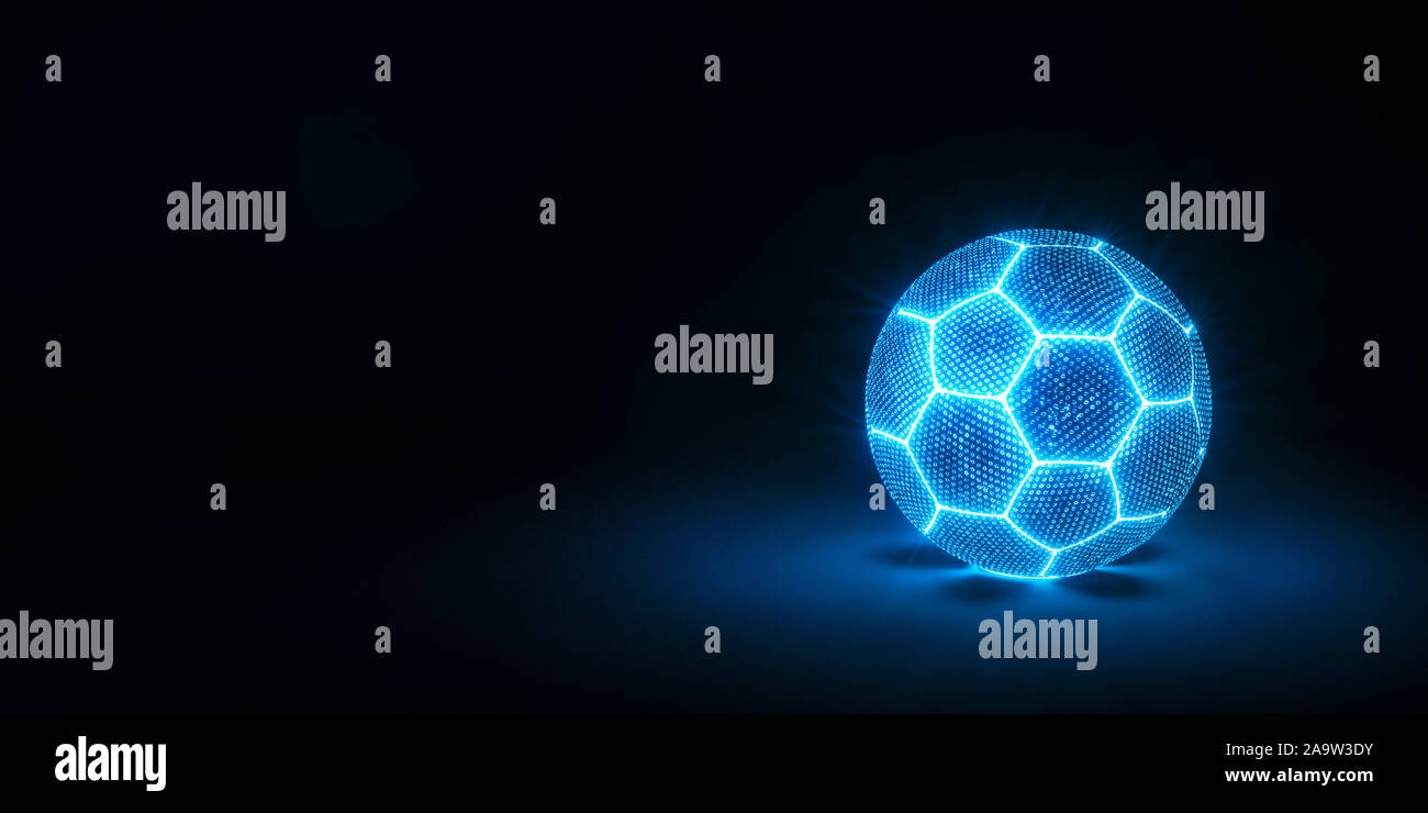 Glowing neon football or soccer ball with blue seams and blue cells ...
