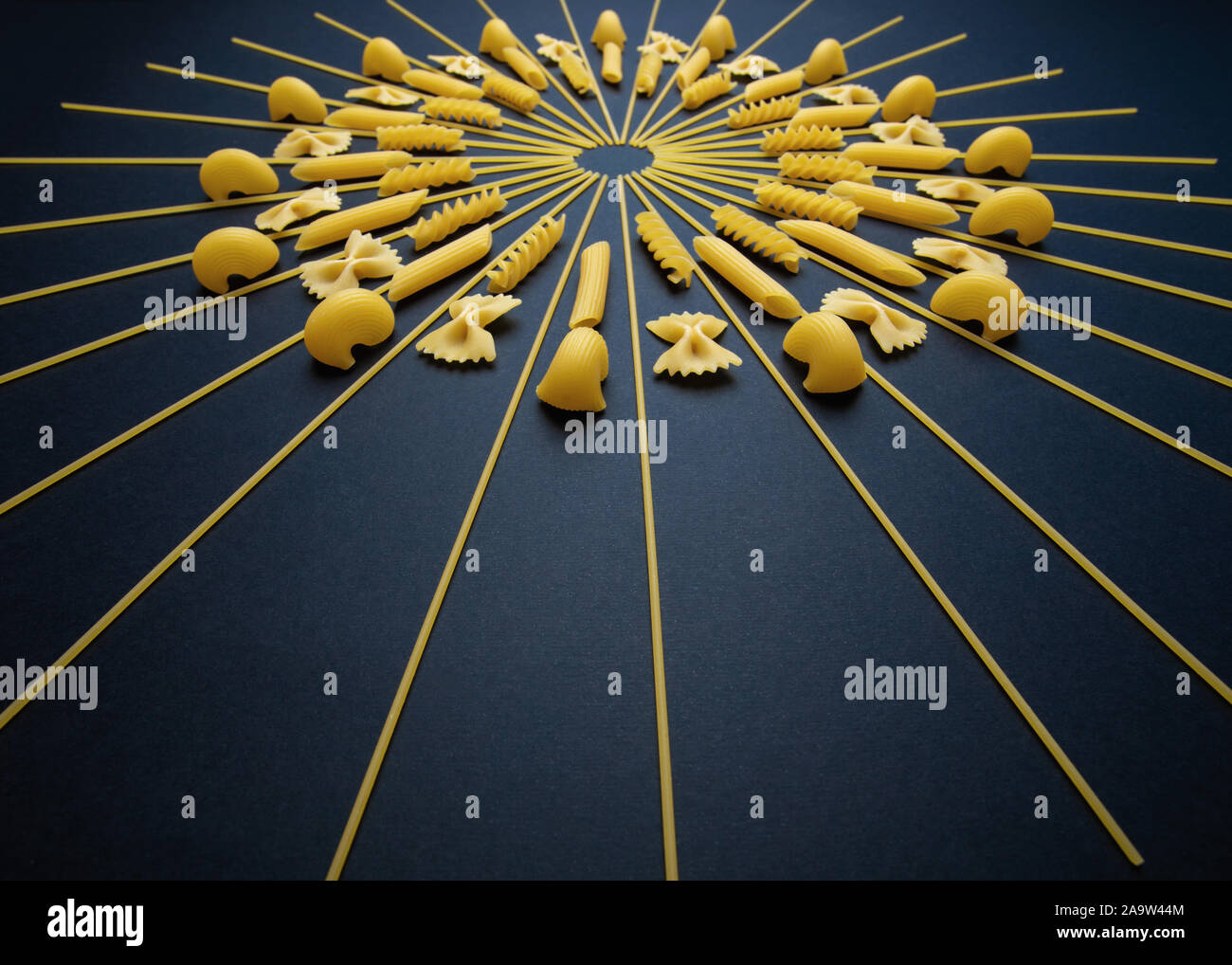 Different type of pasta arranged in form of circle. Uncooked pasta ...