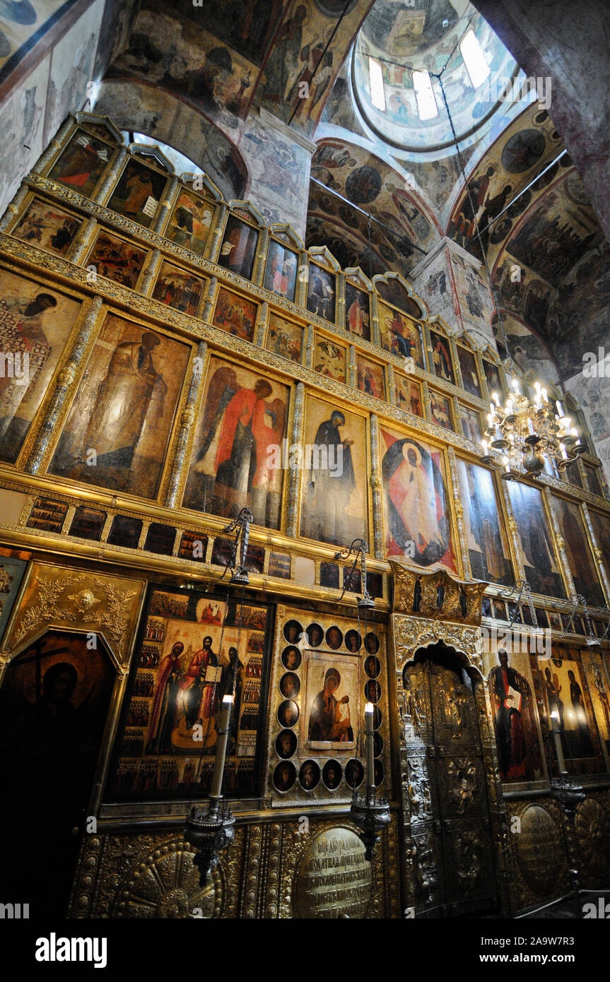 Cathedral of the Archangel interior with painted icons. Cathedral ...