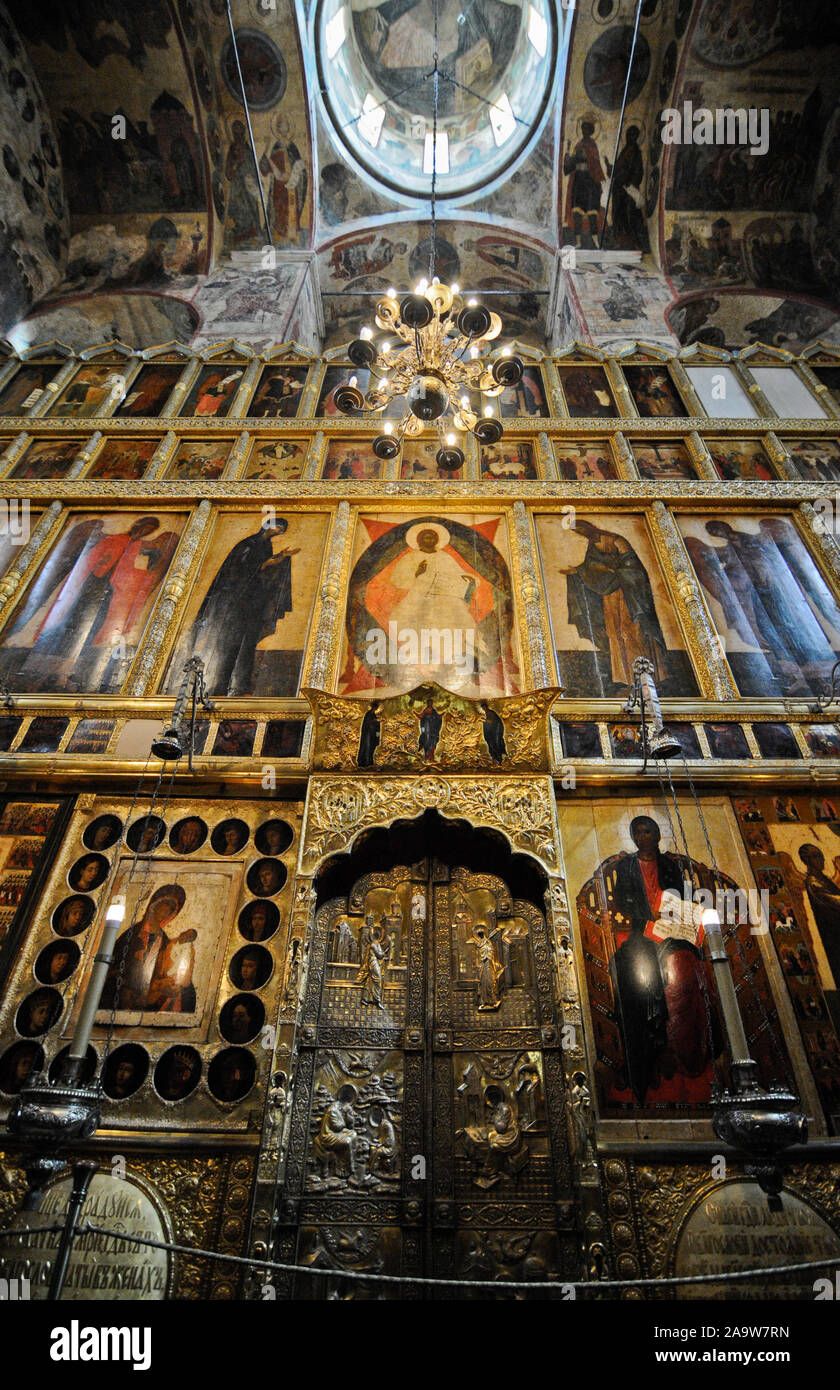 Cathedral of the Archangel interior with painted icons. Cathedral ...