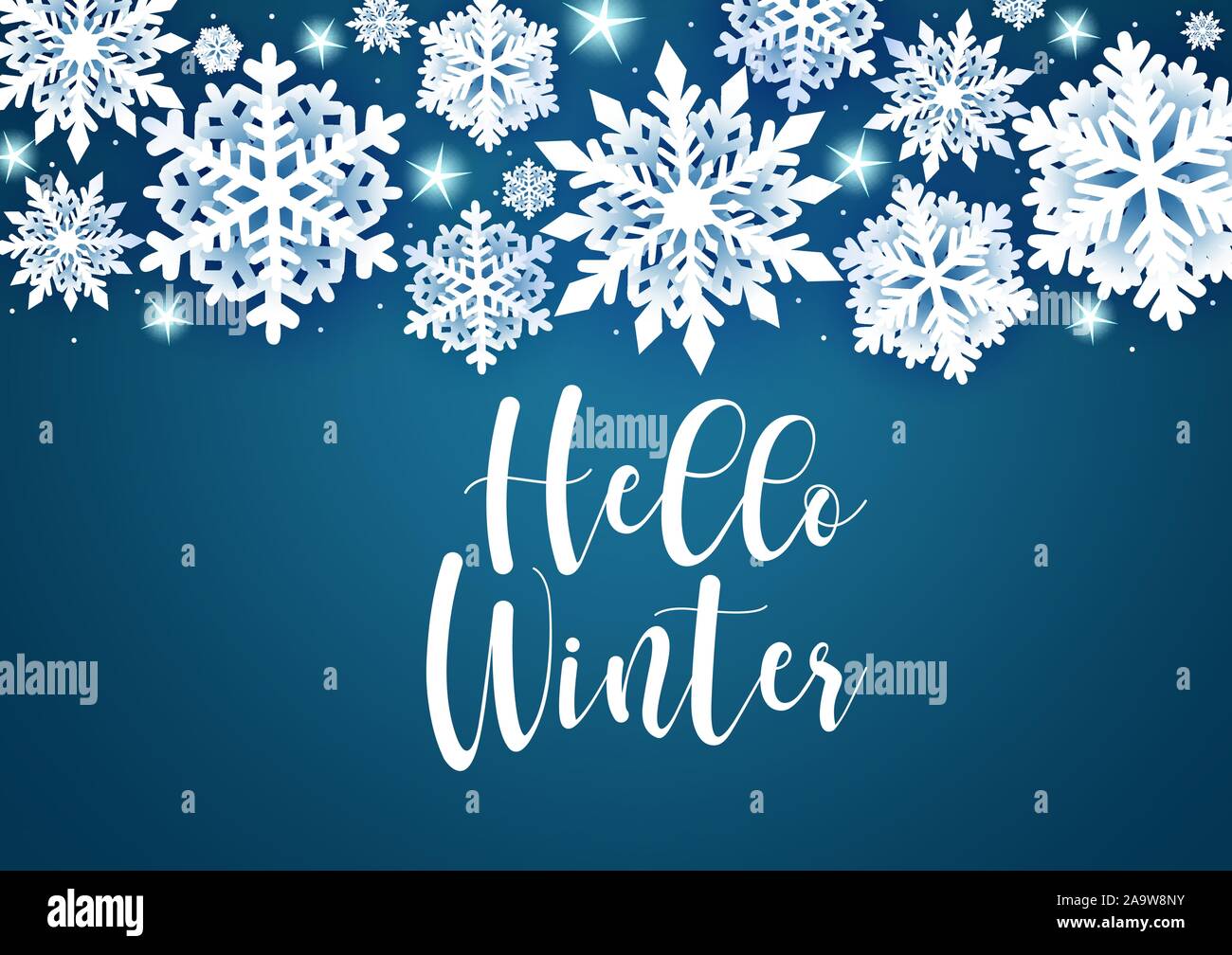 Winter Greeting Vector Background Hello Winter Text With Paper Cut Snowflakes And Star Elements 
