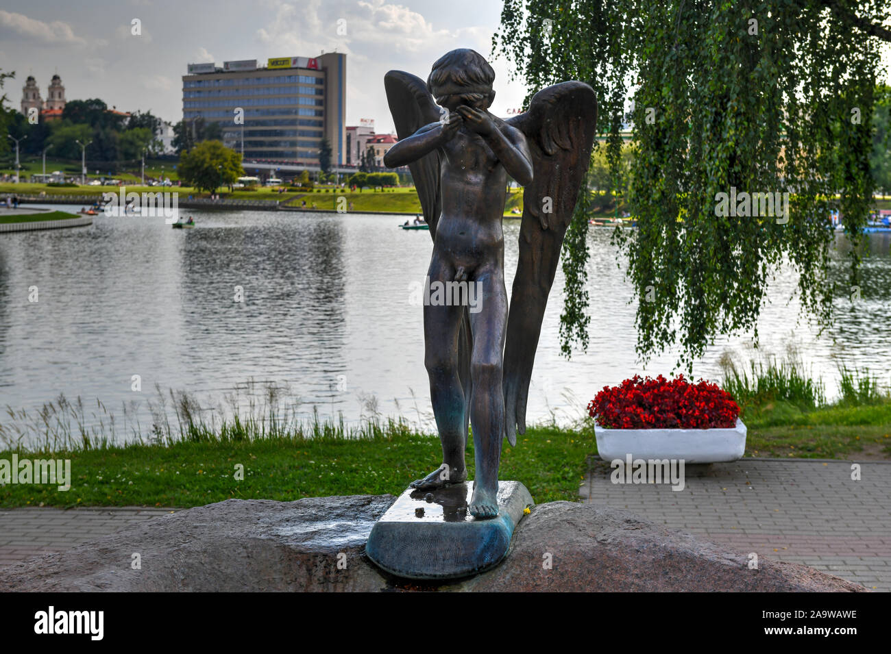Minsk, Belarus - July 21, 2019: Sculpture of crying guardian angel on ...