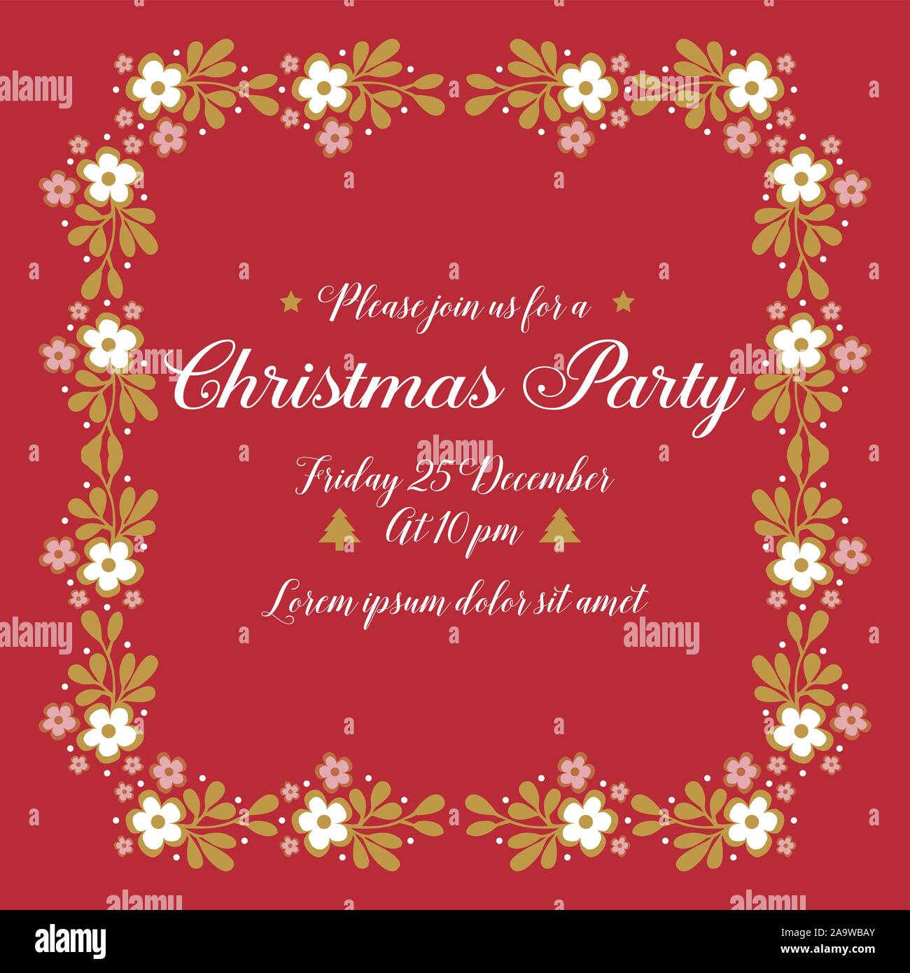 Card template christmas party, with white wreath frame, isolated on red ...