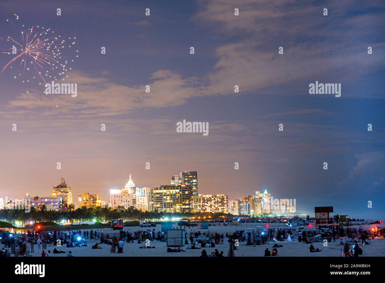 Miami Beach Florida,New Year's Eve,fireworks,midnight,crowd,night ...