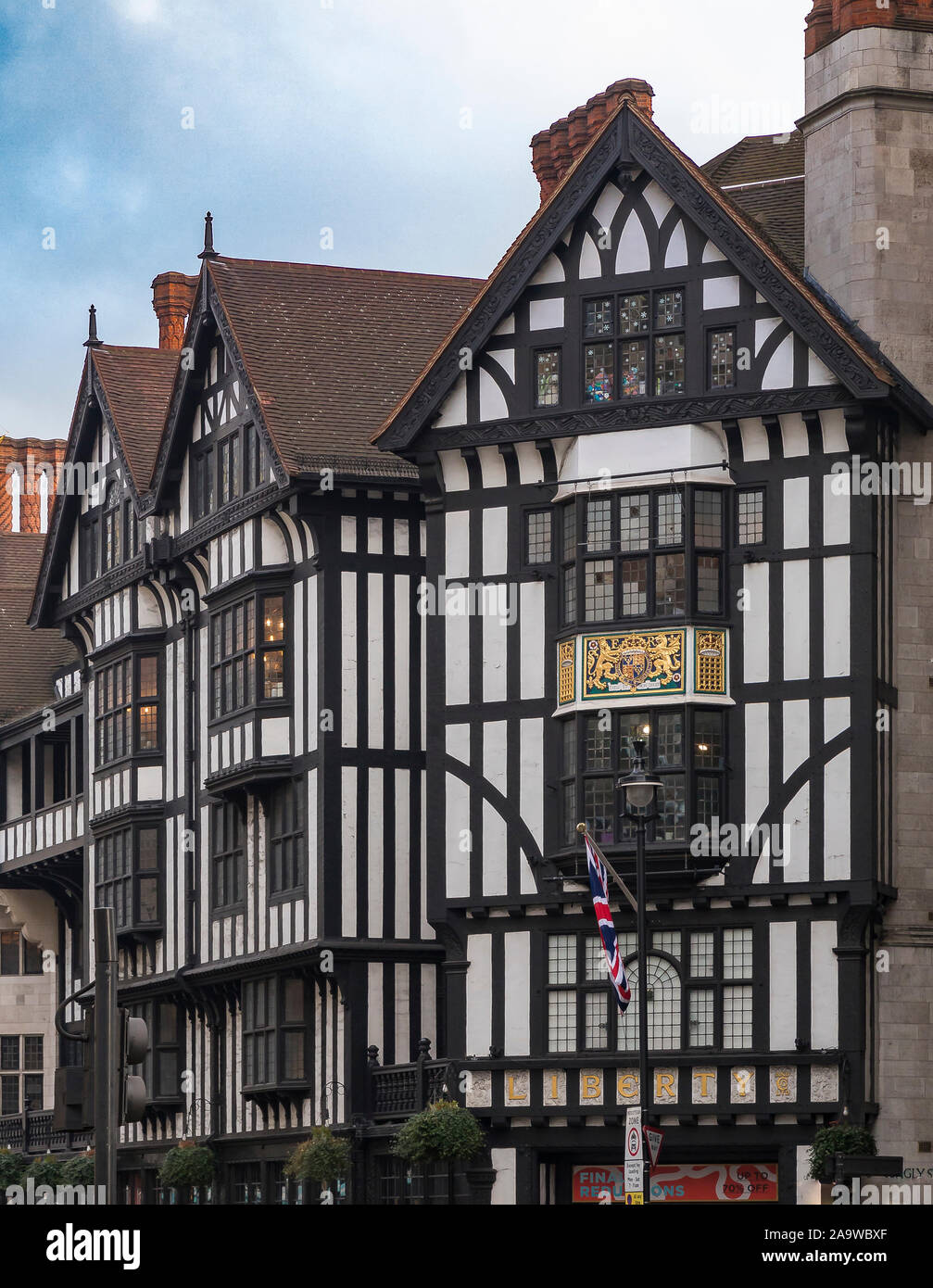 London, United Kingdom - January 13, 2018: Ornate Tudor-revival facade ...