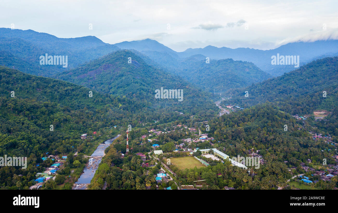 Aerial view landscape of Kiriwong village from drone, Lan Saka district, Nakhon Sri Thammarat ...