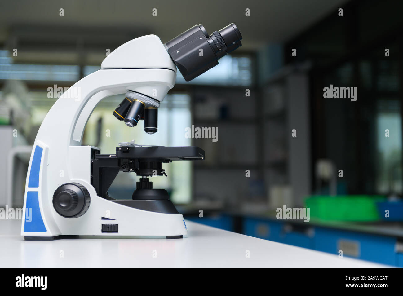 Microscope in laboratory room, science and technology concept Stock ...
