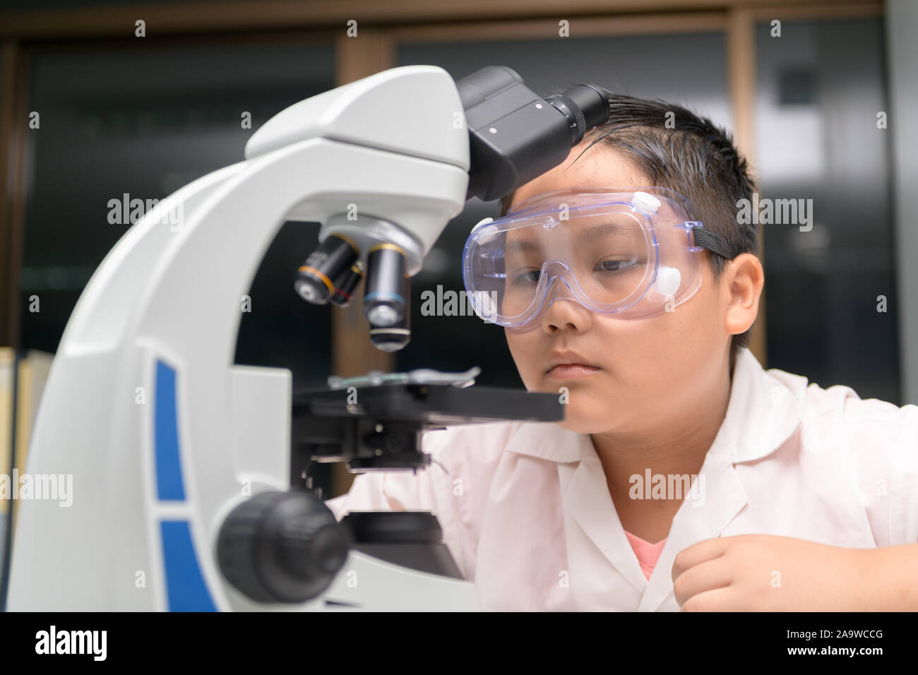 Little Scientist researcher using microscope in laboratory. Medical ...