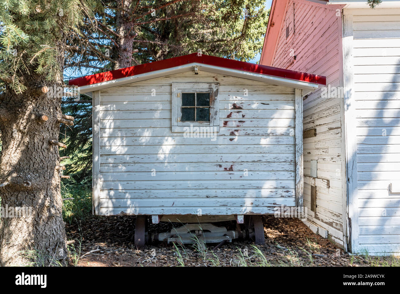 Exterior of an antique prairie cook car, a mobile kitchen used to take ...