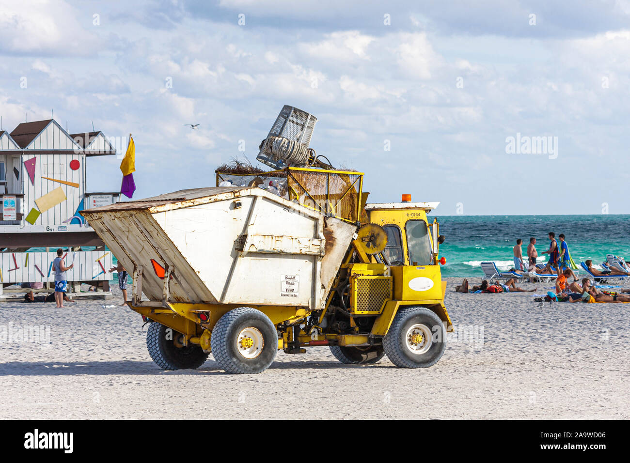 Miami Beach Florida,Atlantic Ocean water shore,garbage collector,trash ...