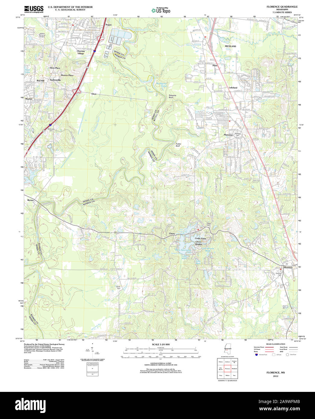 USGS TOPO Map Mississippi MS Florence 20120508 TM Restoration Stock ...