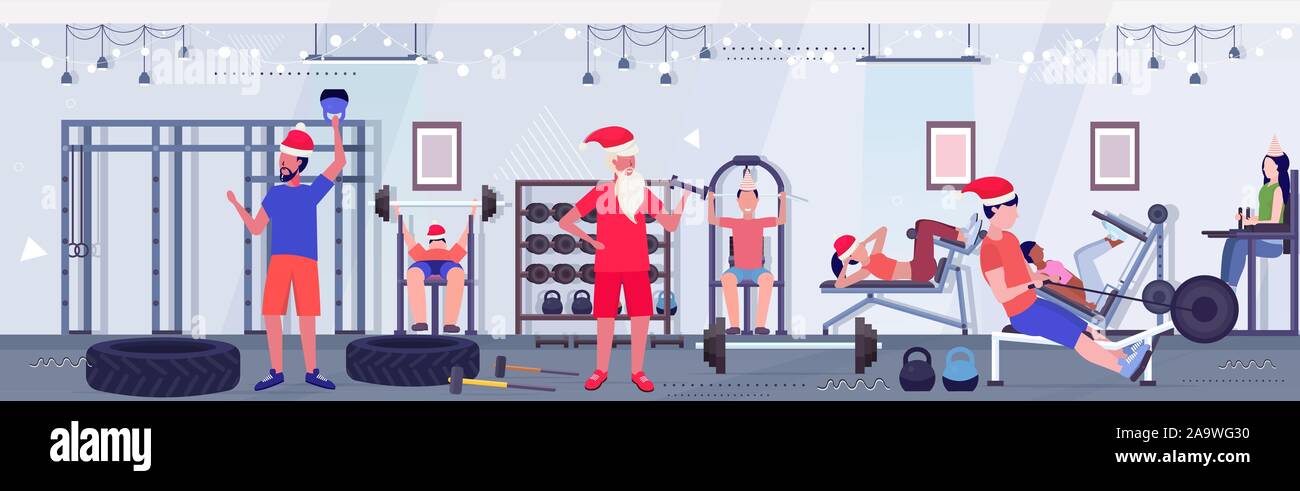 people and santa claus doing exercises men women in hats training ...