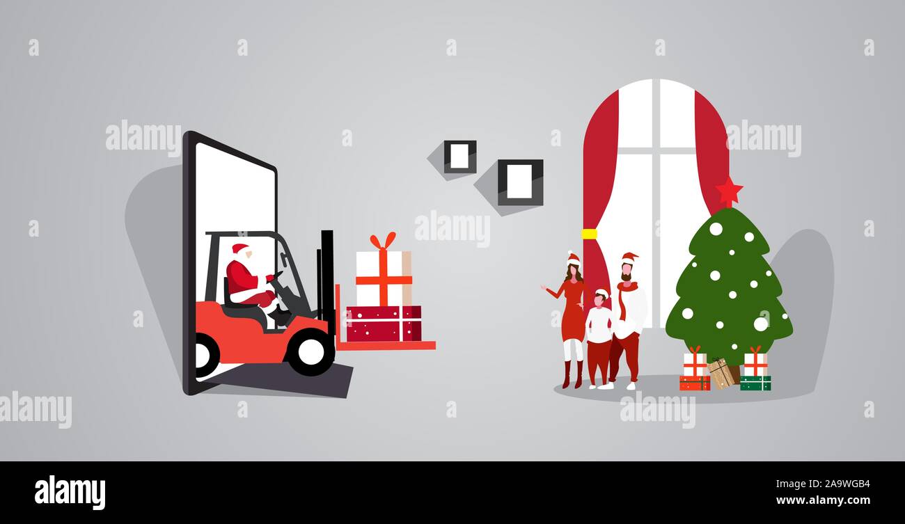 santa claus driving forklift with gift boxes from smartphone screen ...