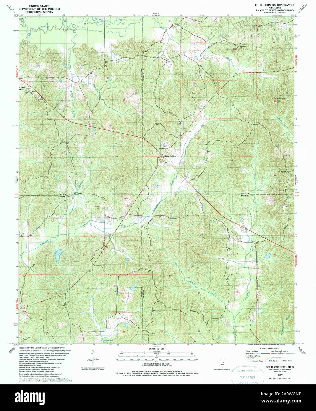 USGS TOPO Map Mississippi MS Four Corners 335666 1989 24000 Restoration ...