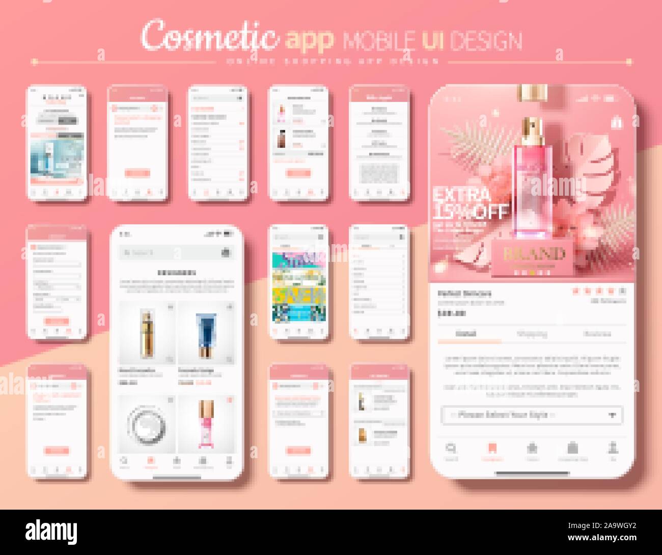 Cosmetic shopping app mobile UI design in pink and white tone, 3d ...