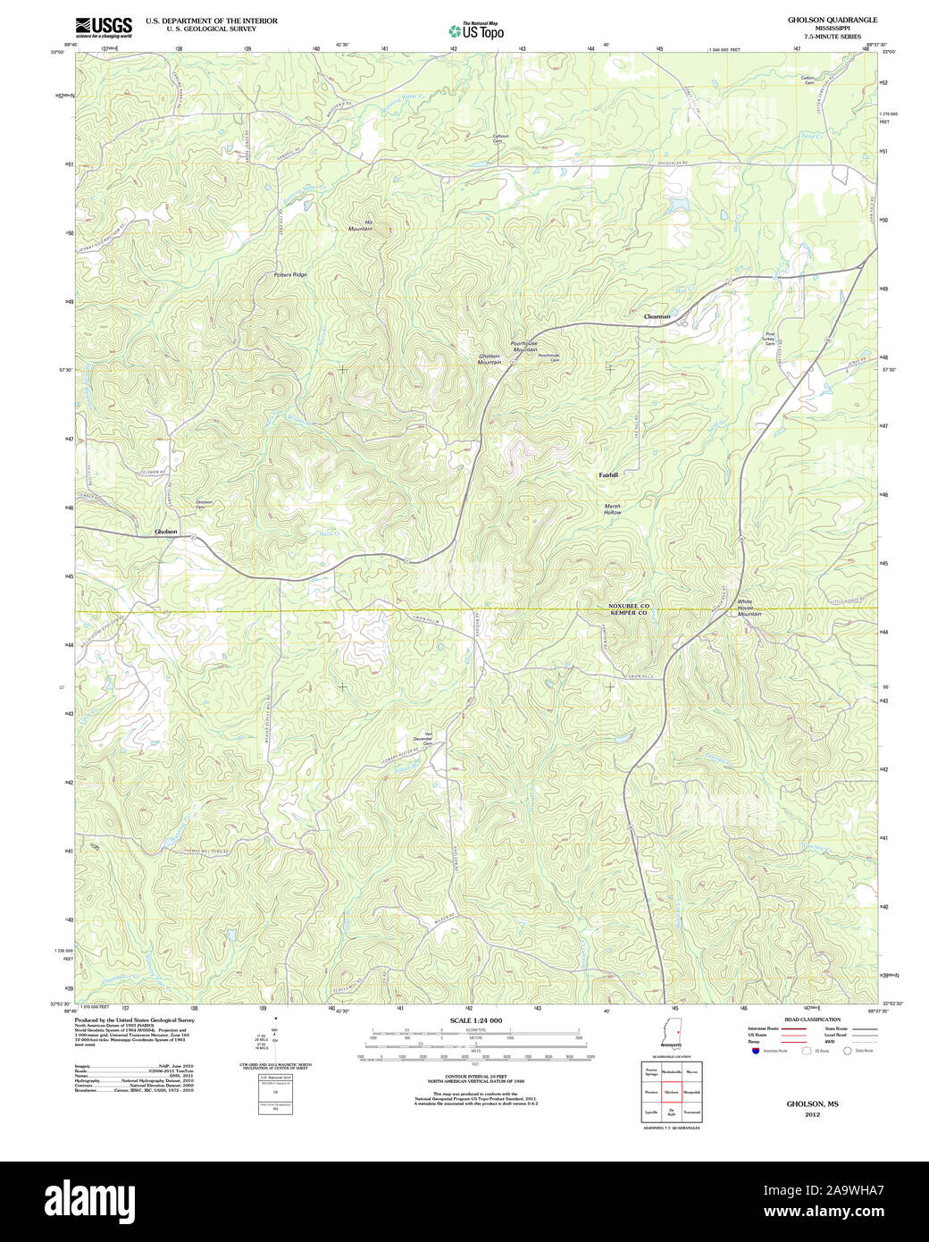 USGS TOPO Map Mississippi MS Gholson 20120320 TM Restoration Stock ...