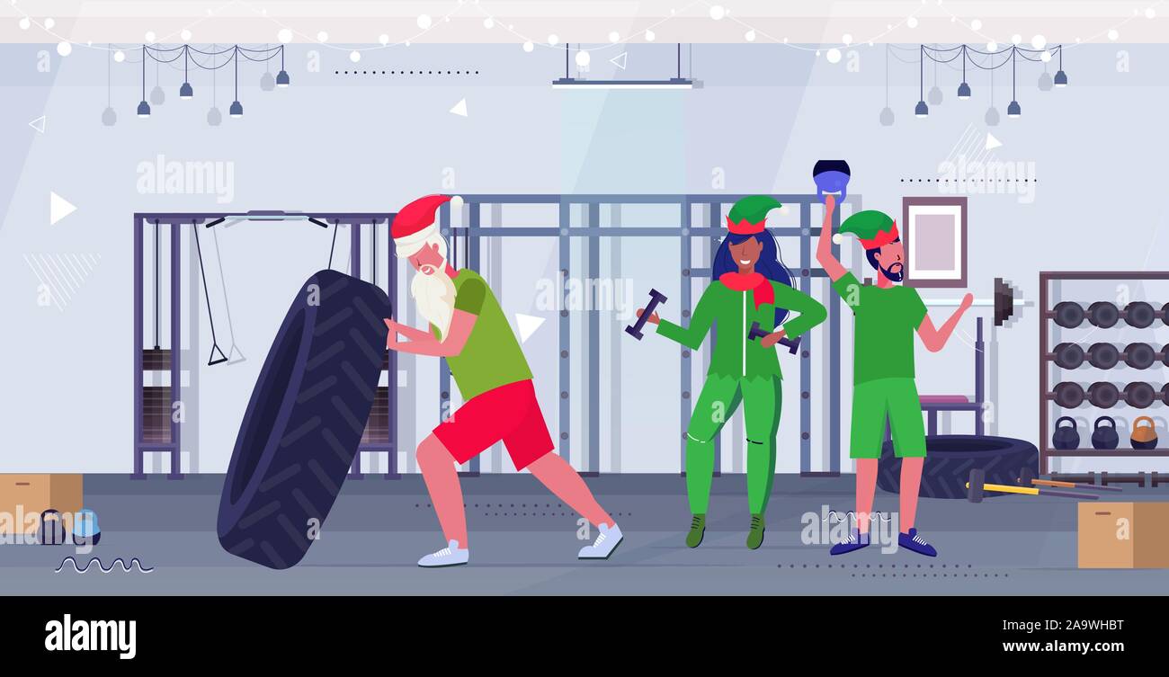 santa claus flipping tire elves exercising with dumbbells and ...