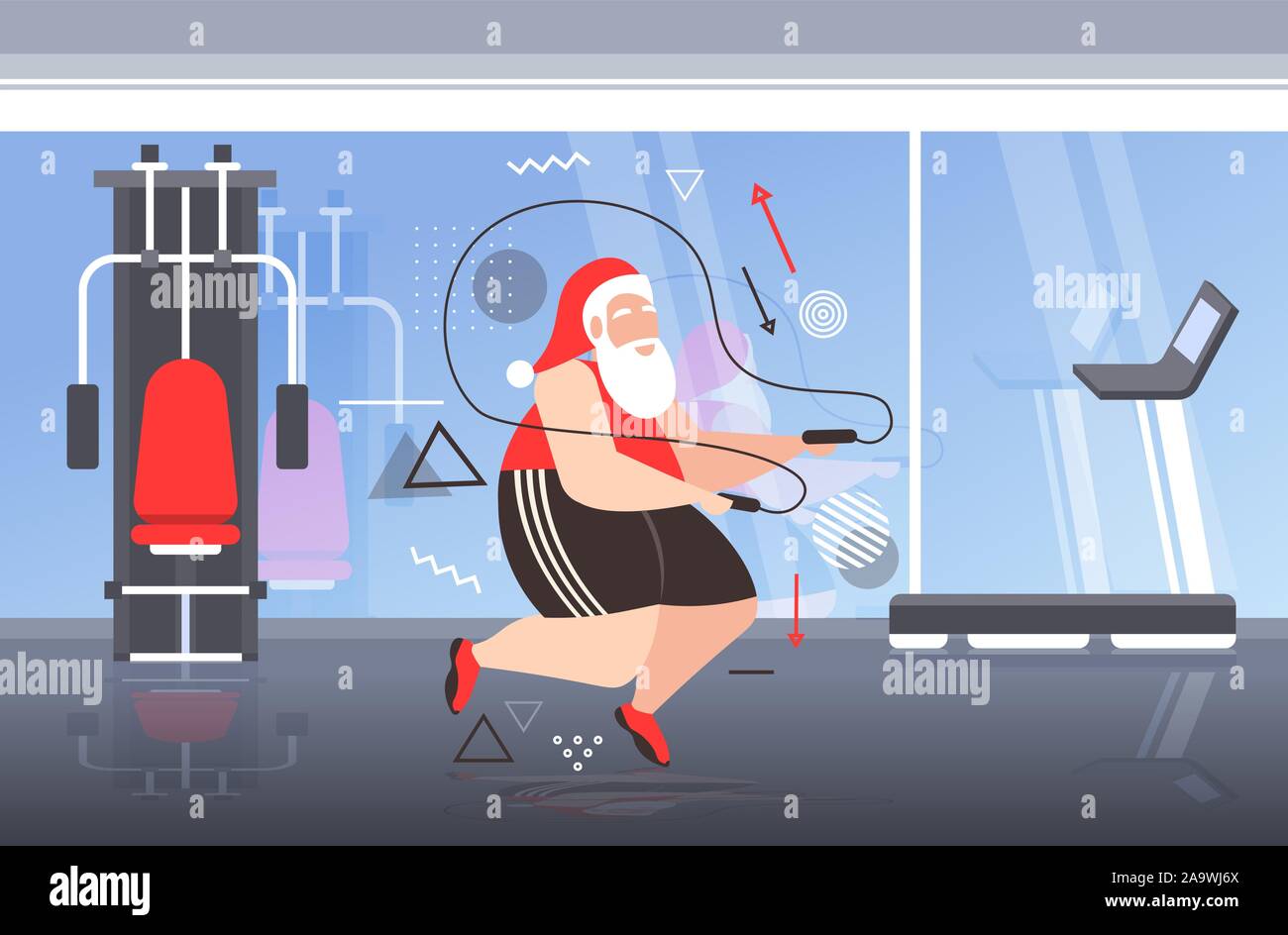 fat santa claus doing exercises with jumping rope overweight bearded ...