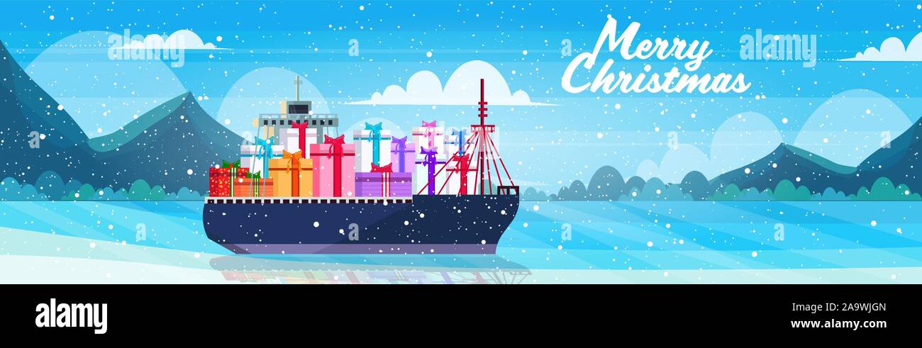 container cargo ship with gift present boxes logistic sea ocean ...
