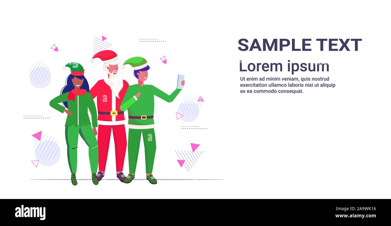 santa claus with mix race elves couple taking selfie photo on ...