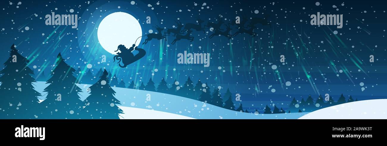 santa flying in sleigh with reindeers in night sky over snowy pine fir ...