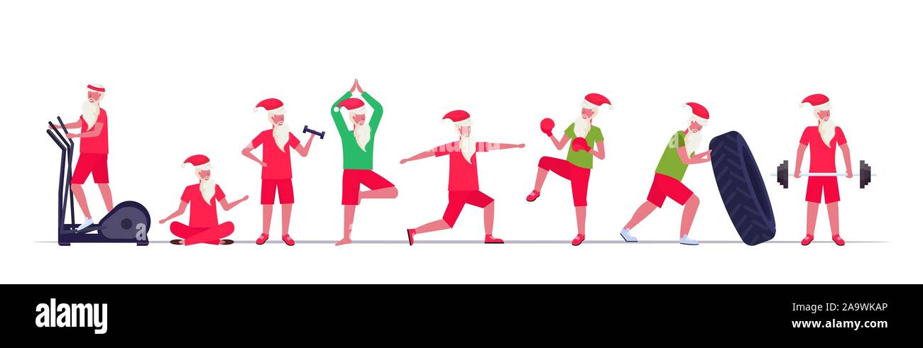 set santa claus doing different exercises training workout healthy ...