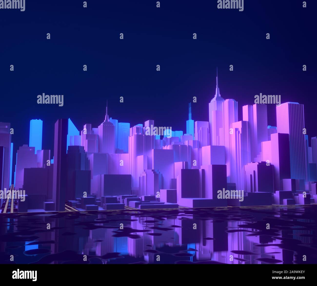 Night city buildings in neon lights. Growing megopolis development ...