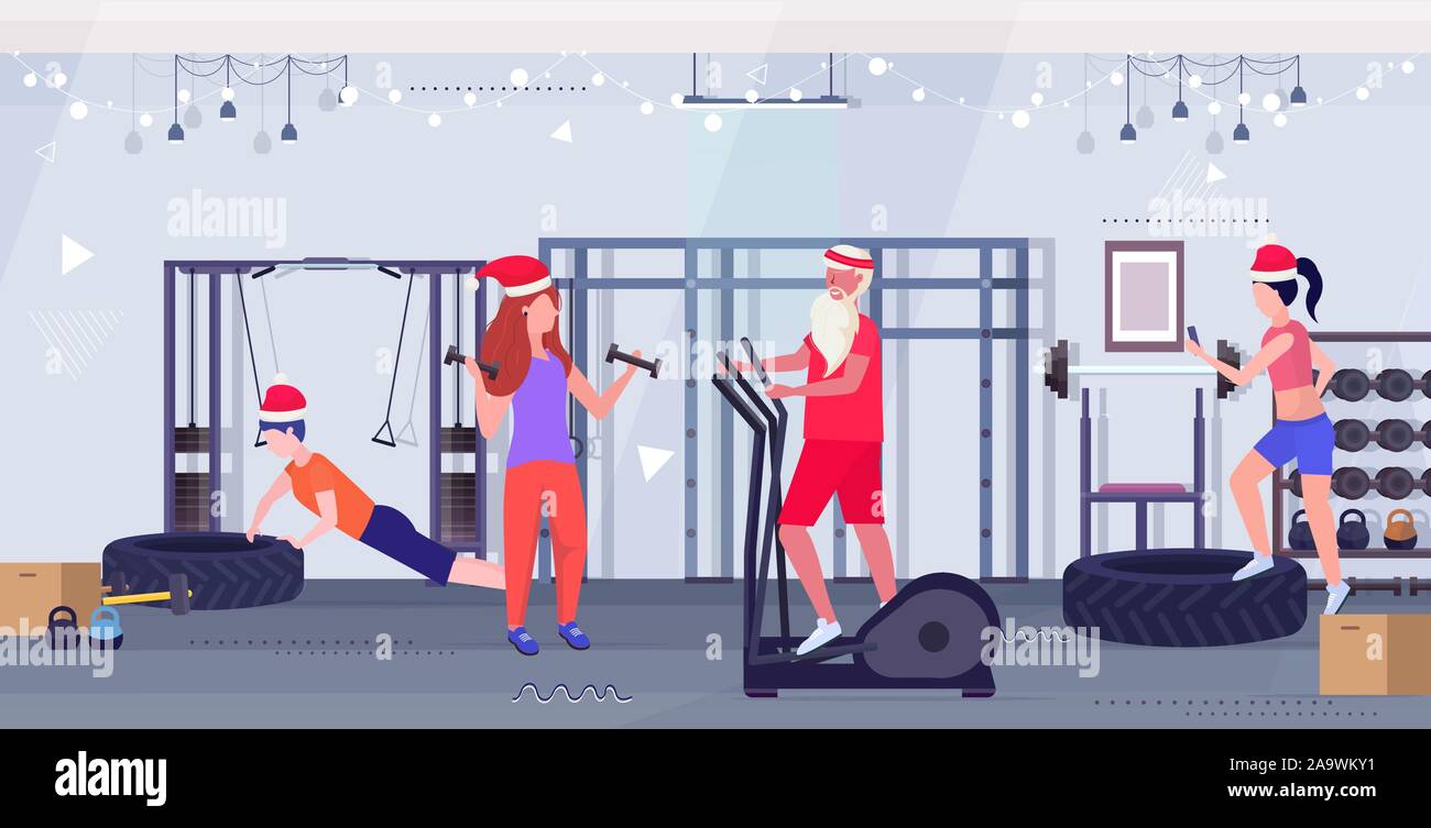 santa claus doing exercises on stepper treadmill people training ...