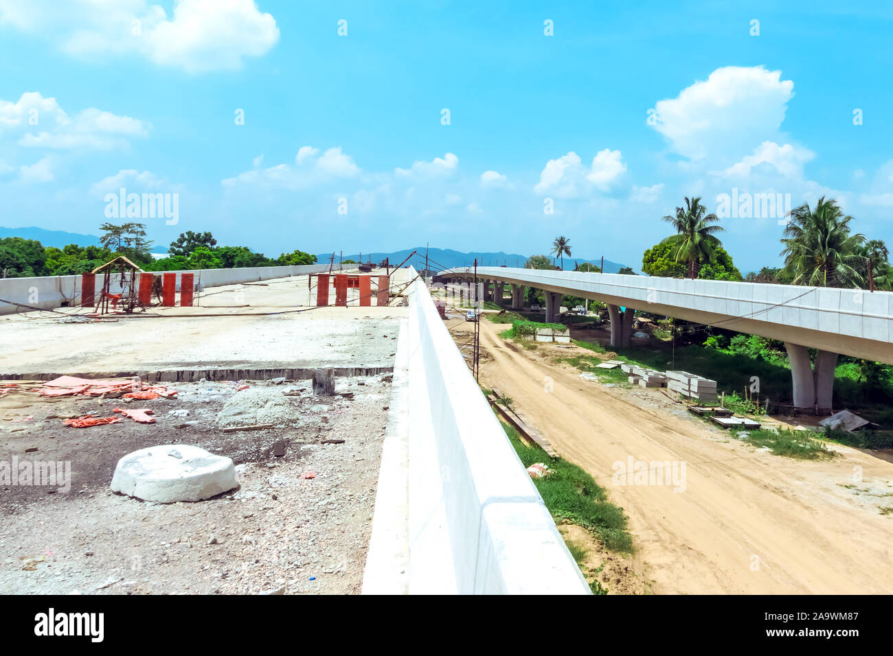 Unfinished of construction of the large concrete bridge of the motorway ...