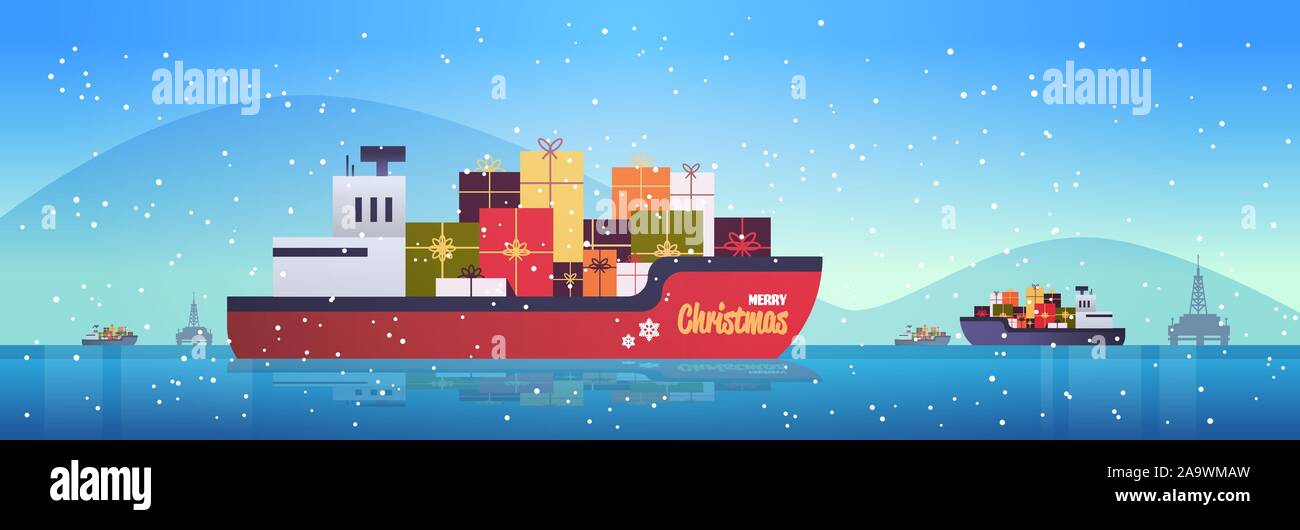 container cargo ship with gift present boxes logistic transportation ...