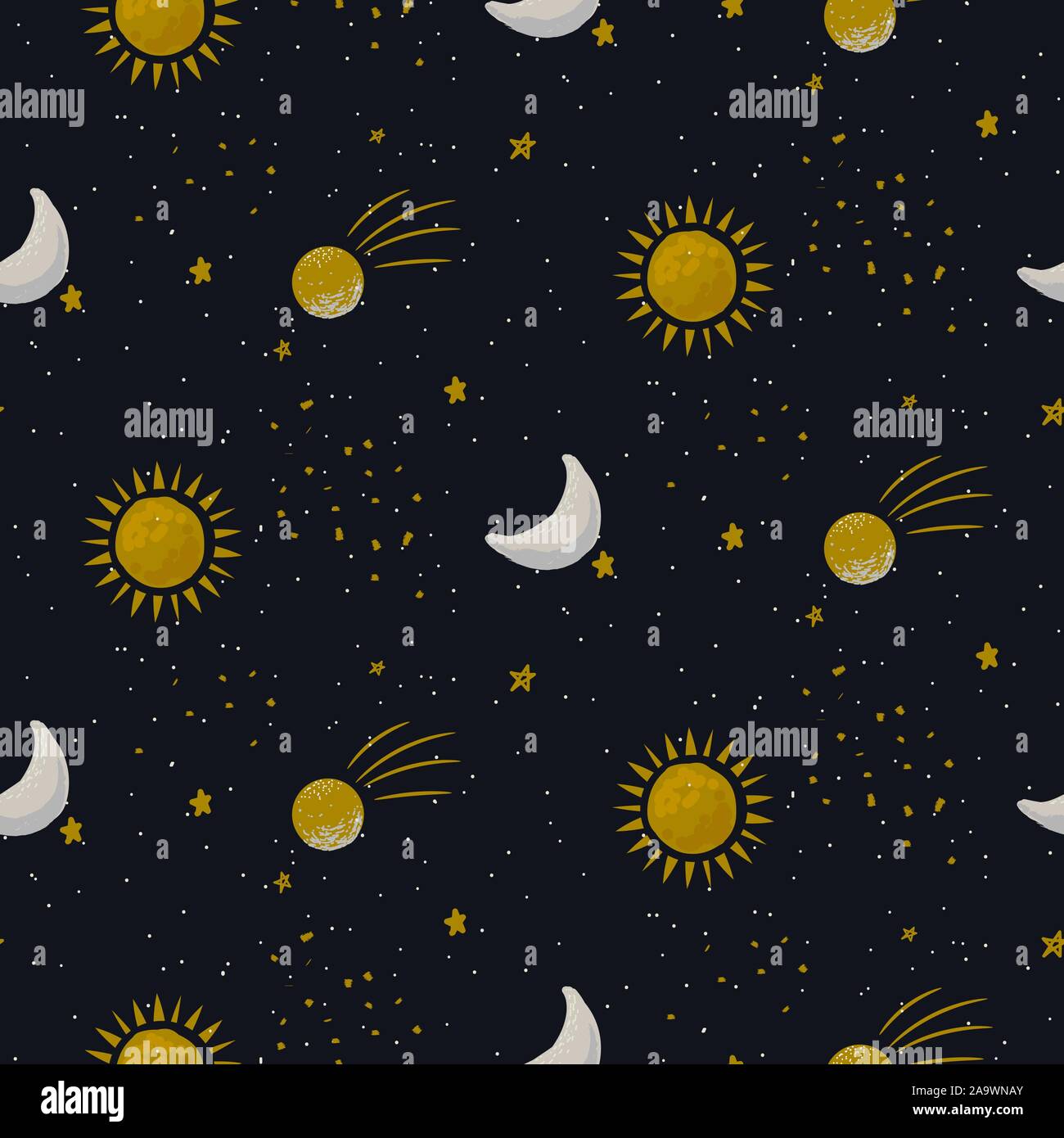 Blue galaxy seamless vector pattern background with sun, planets and ...
