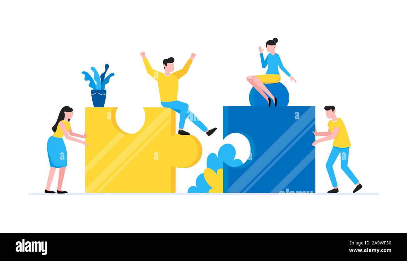 Teamwork concept with tiny people characters working together with big ...