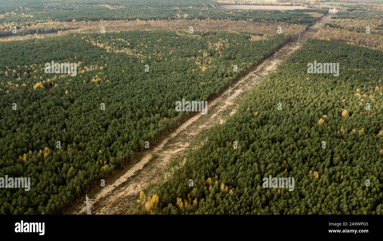 high voltage power lines, logging in the forest top view from a drone ...