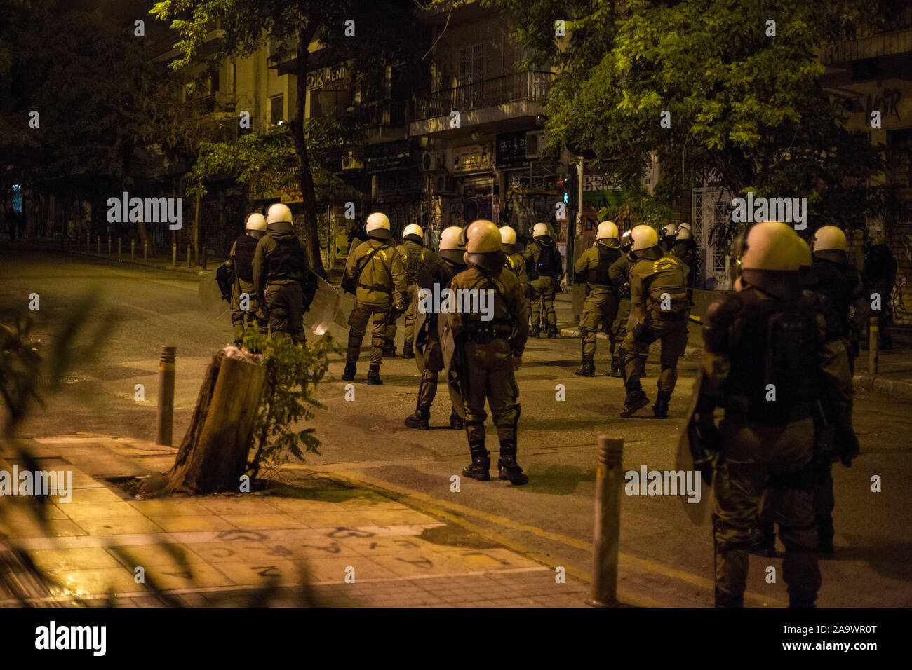 Athen, Greece. 17th Nov, 2019. Riot police are stationed in the ...