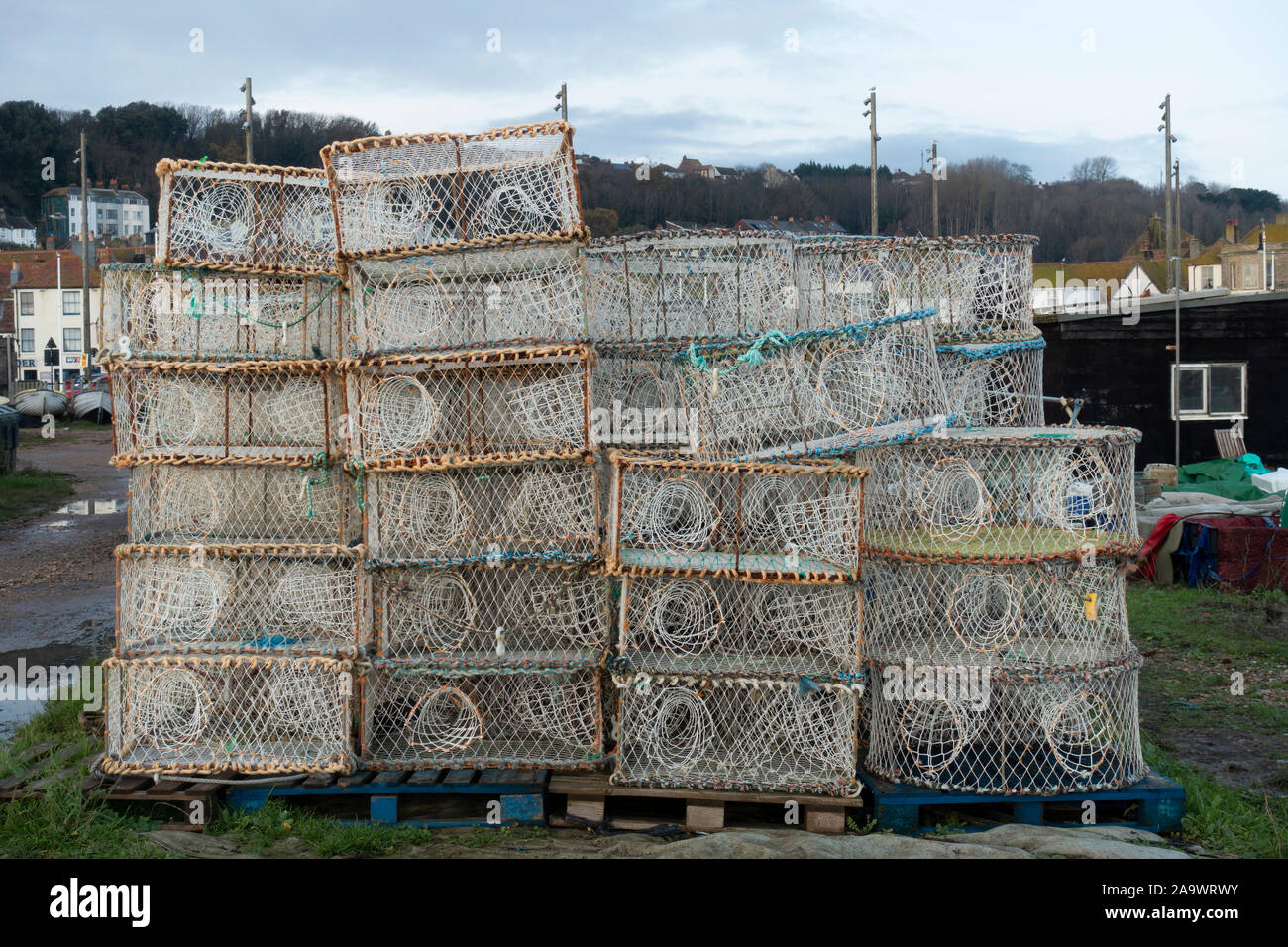 A stack of lobster (shellfish) pots on Hastings beach Stock Photo - Alamy