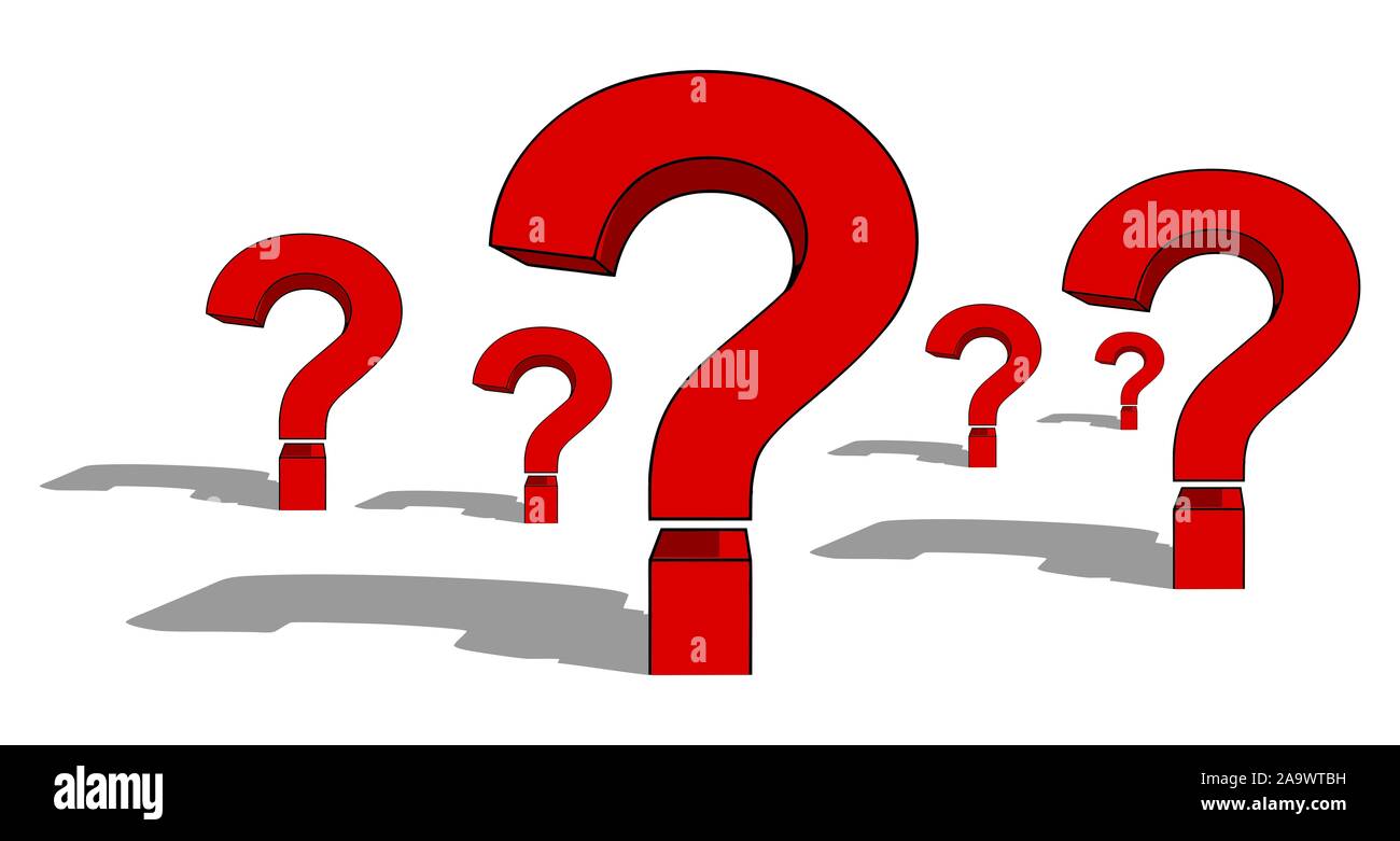 Red question marks against white background, pop art, cartoon ...