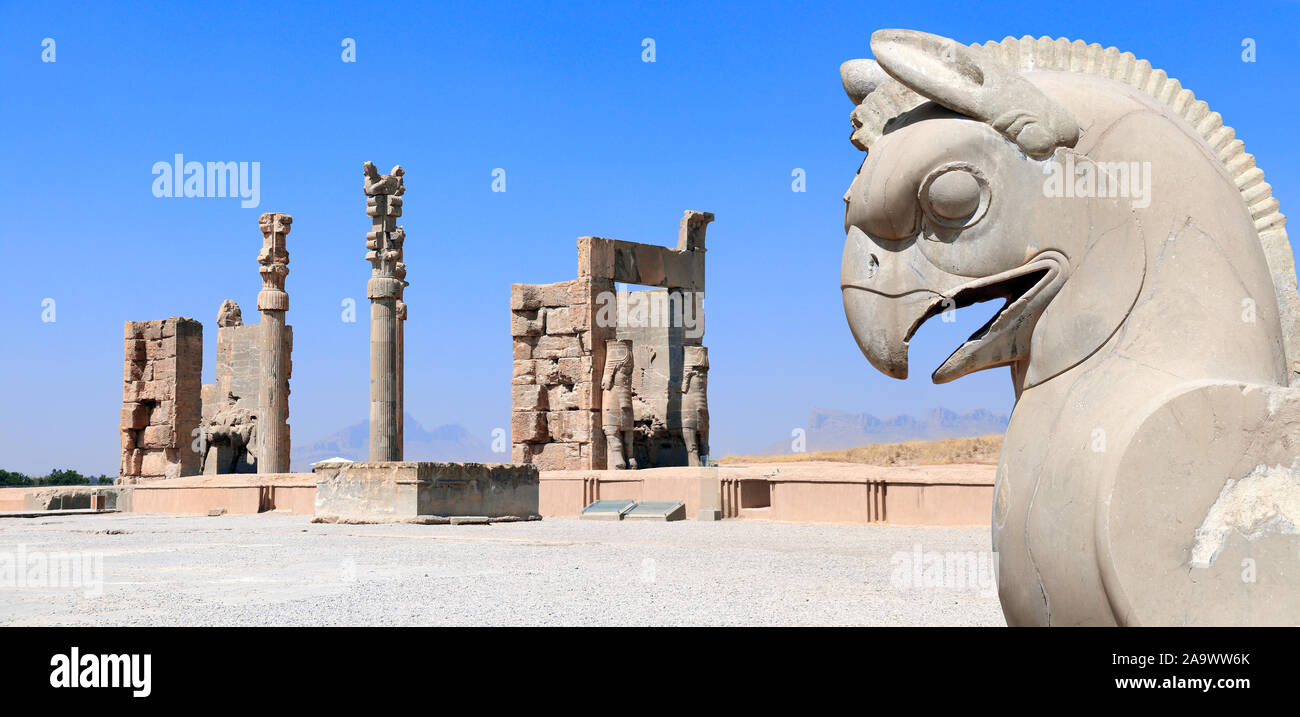 Stone sculpture of griffin and Gate of All Nations (Xerxes gate) in the ...