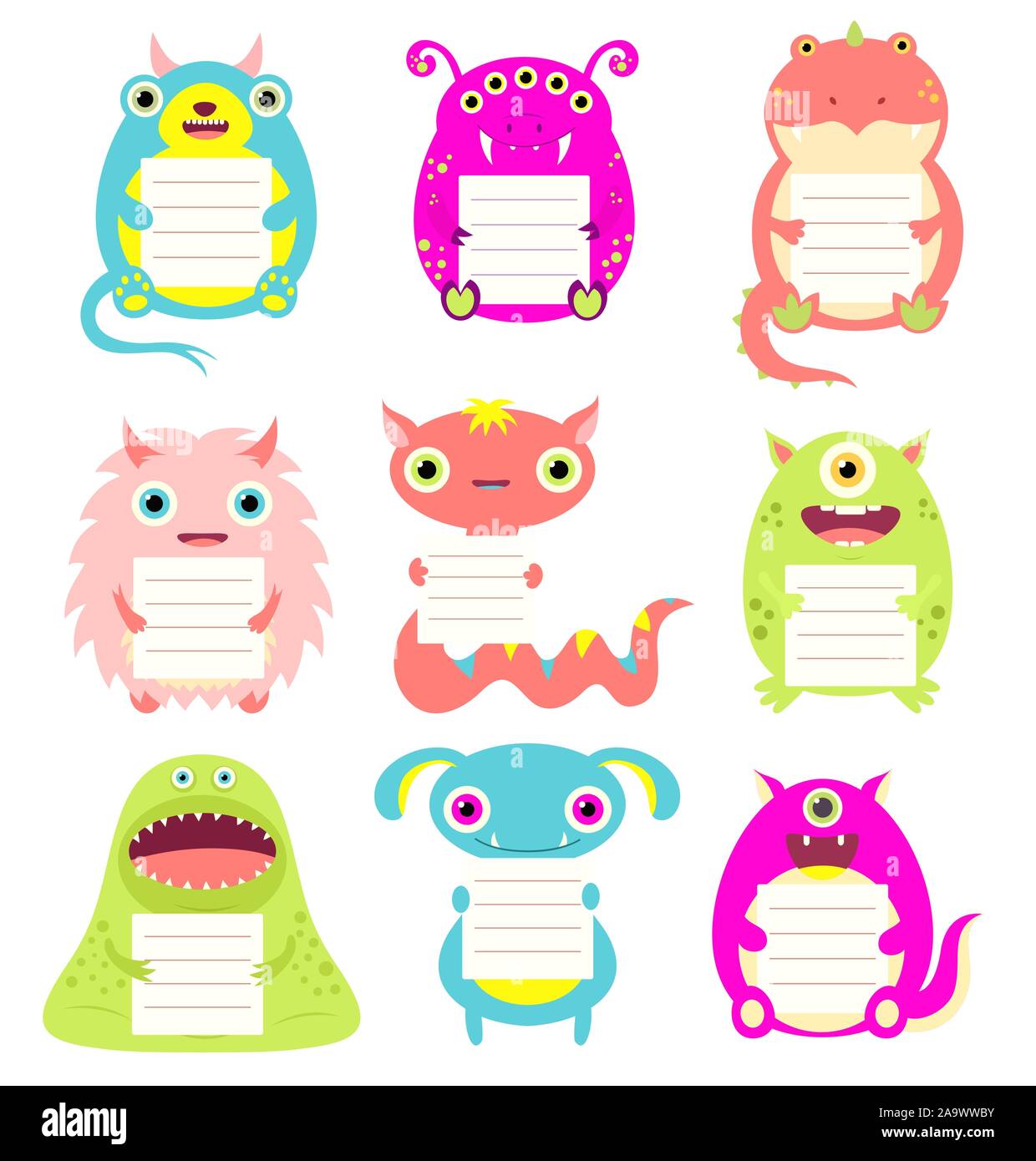 Set of cute cartoon monsters with memo pads. Labels for scrapbooking ...