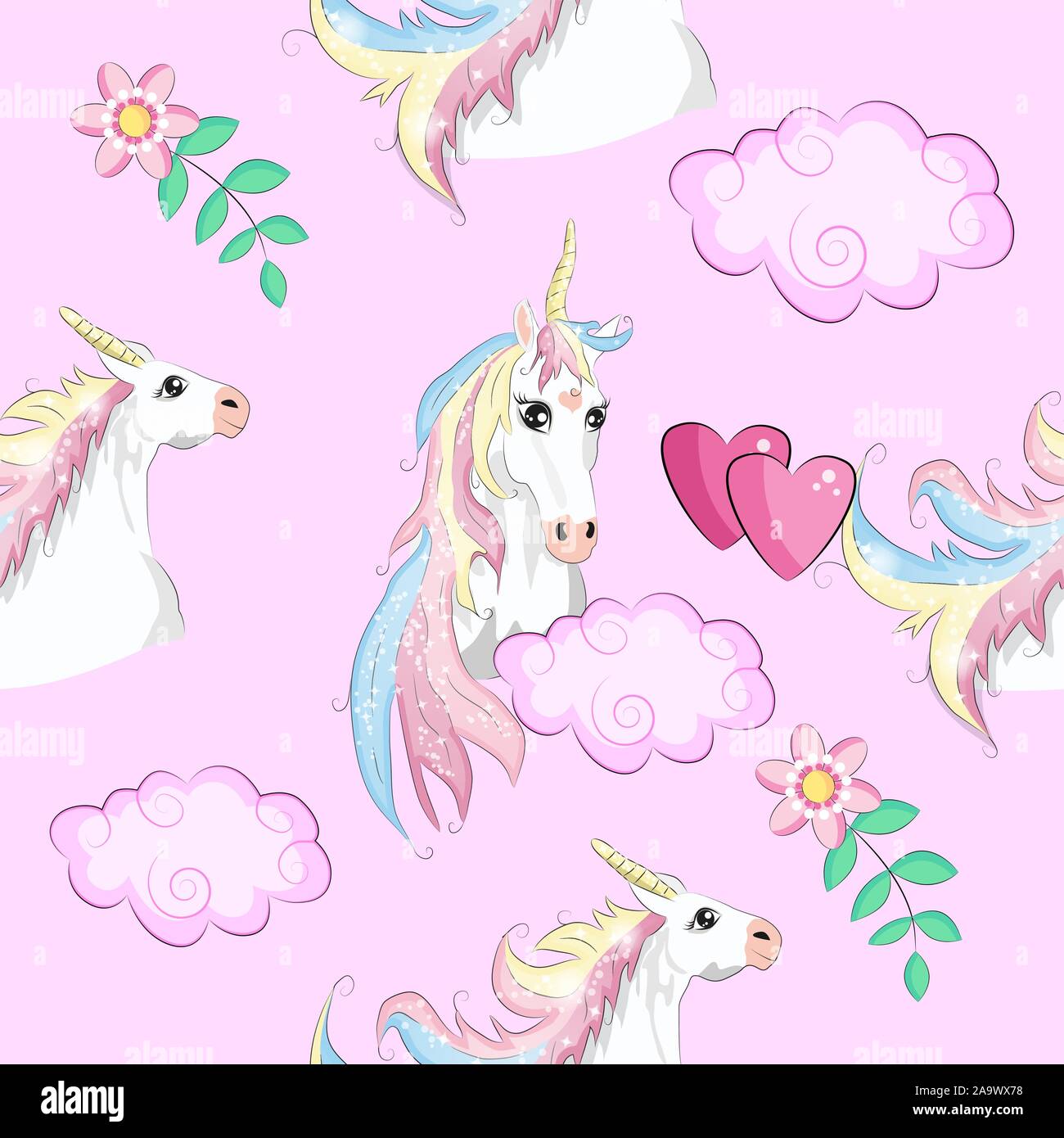 Seamless pattern with cute unicorns, clouds,rainbow and stars. Magic background with little ...