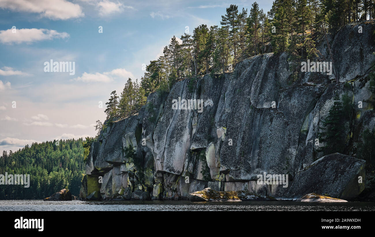 Cliffs by the sea with trees on the top and forest in the background ...