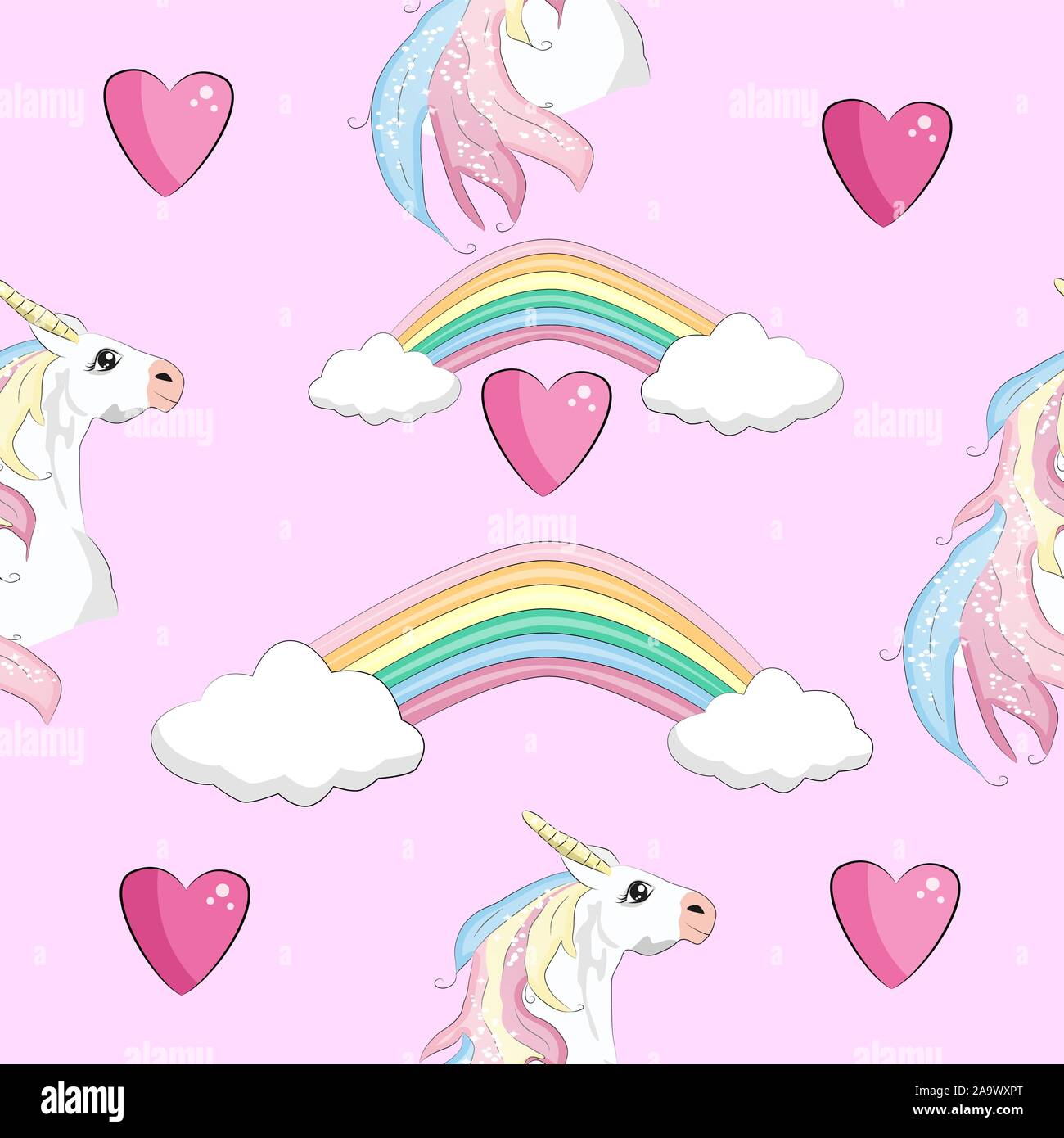 Seamless pattern with cute unicorns, clouds,rainbow and stars. Magic background with little ...