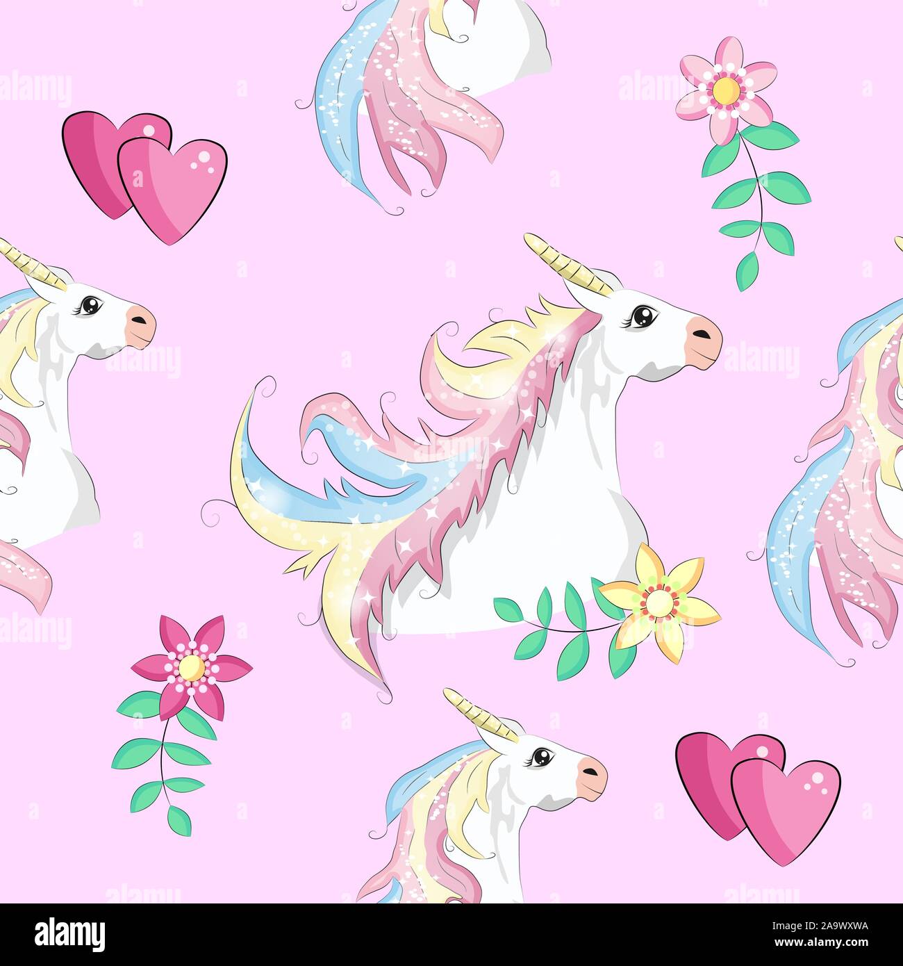 Seamless pattern with cute unicorns, clouds,rainbow and stars. Magic ...