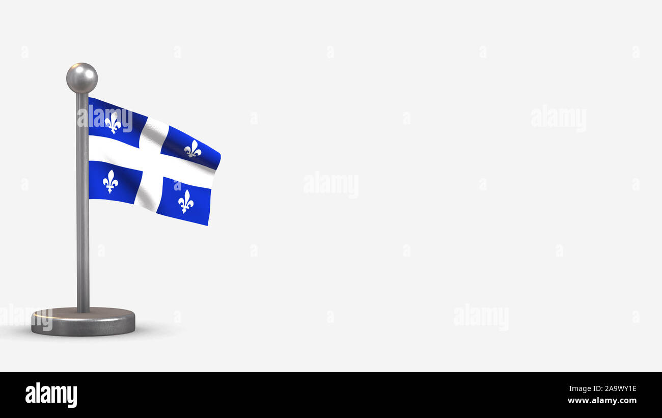 Quebec 3D waving flag illustration on a tiny metal flagpole. Isolated ...